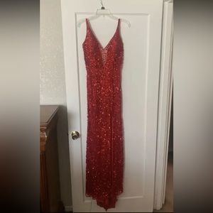 Primavera Couture | Dresses | Red Sequined Prom Dress With Slit | Poshmark